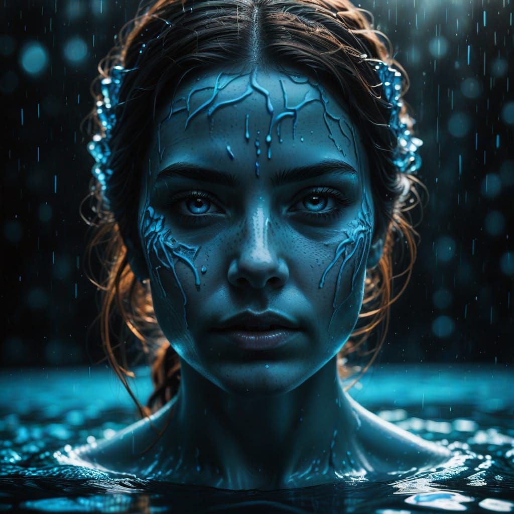Ethereal Lady Emerges from Glowing Blue Depths - AI Art