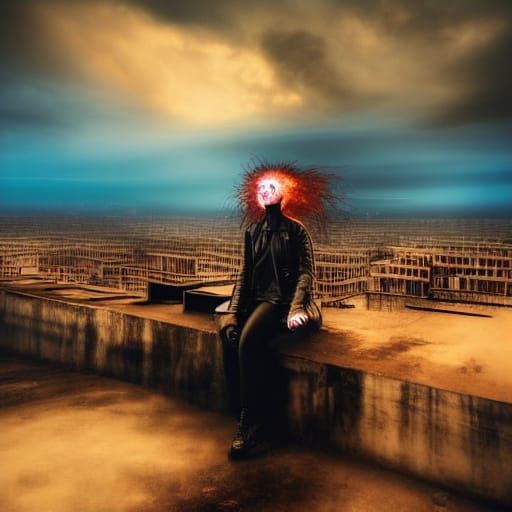 Goth Model in Dystopian Cityscape: Surrealist Art - AI Art