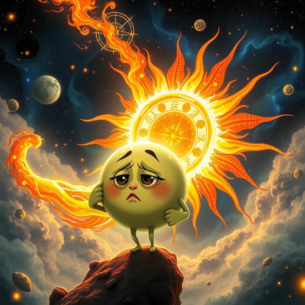 a desperate Earth, personified as a cute, spherical being, shielding ...