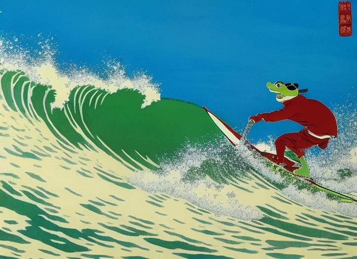 pepe frog surfing a big wave Ukiyo-e Studio Ghibli shin hanga kintsugi ...