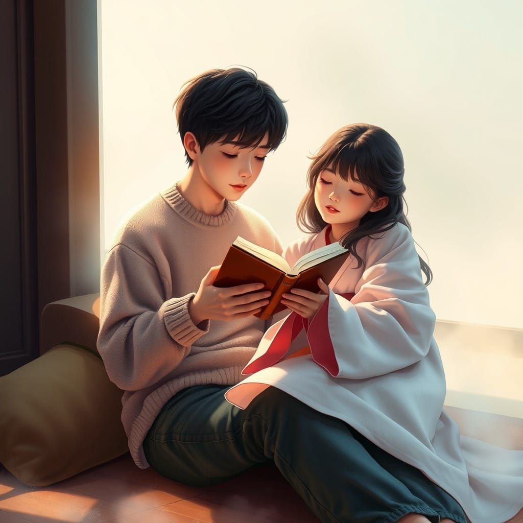 Cozy Anime Scene of Boy Reading and Girl Snoozing - AI Art