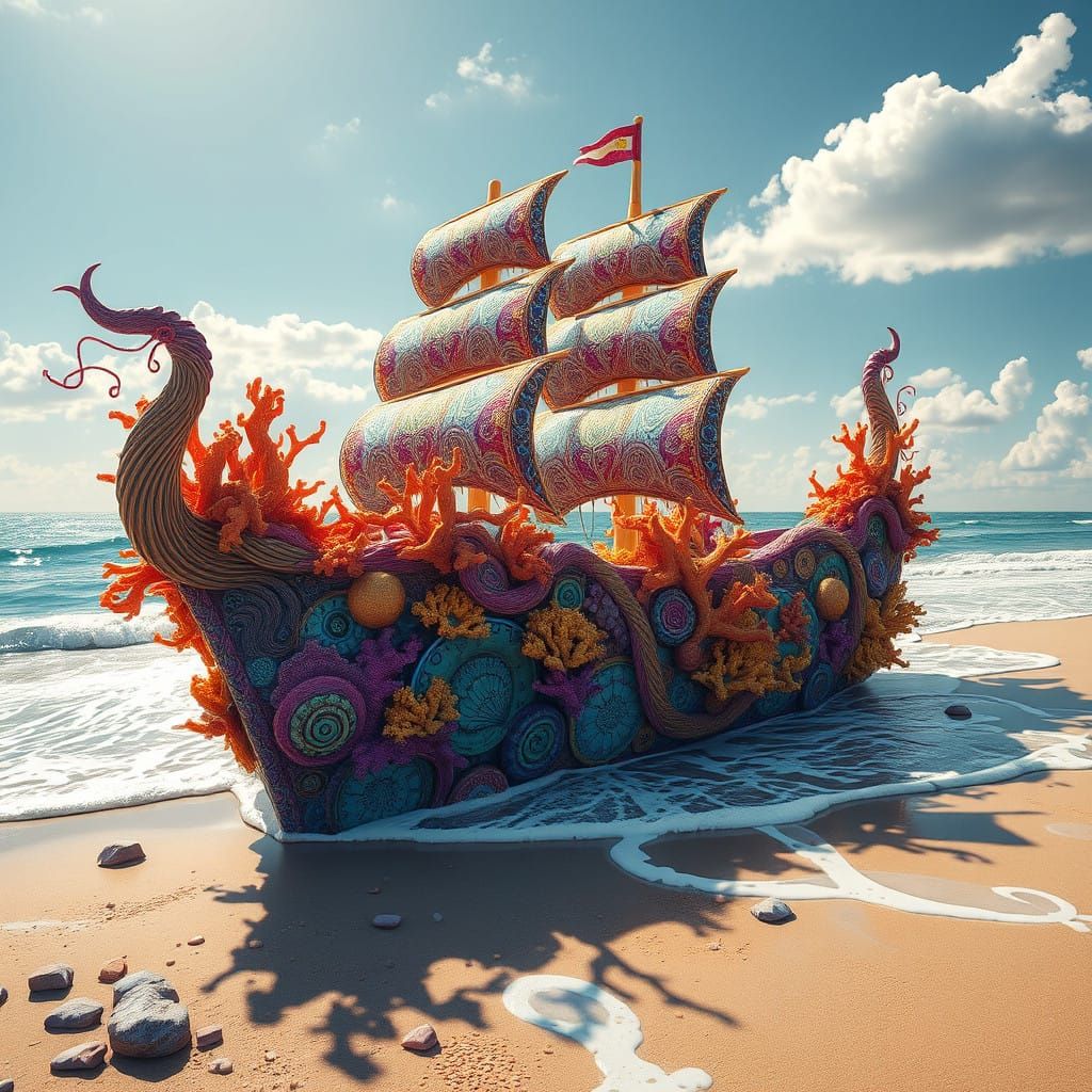 Coral Ship Wreathed in Ocean Splendor - AI Art