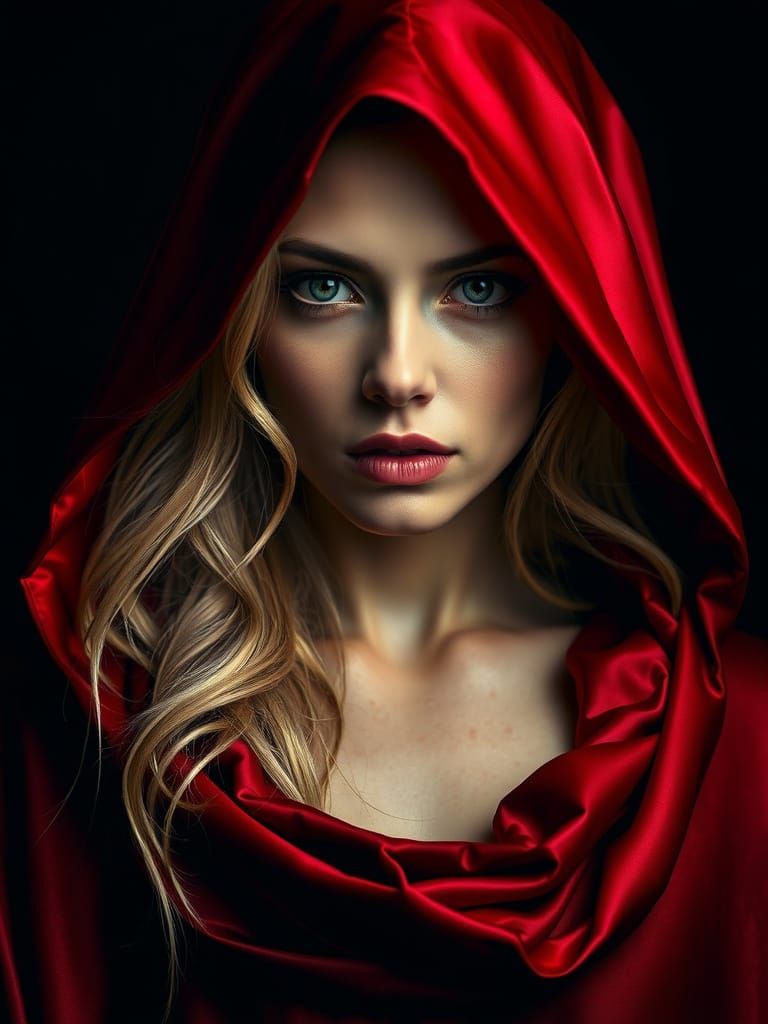 Elegant Woman in Red Satin Cloak, Intense Gaze - AI Art