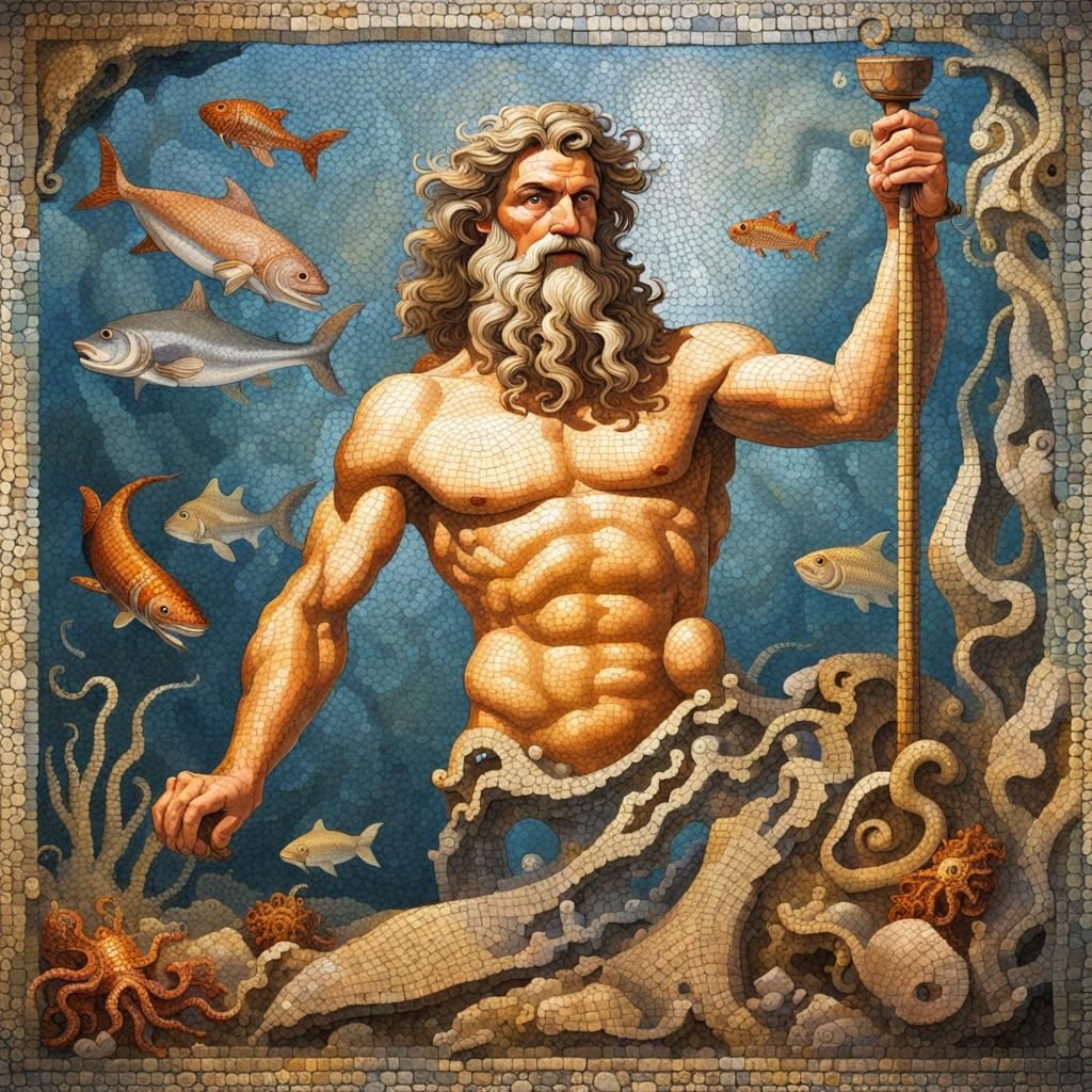 Vivid ancient mosaic of Poseidon on a large broken slab of rock ...