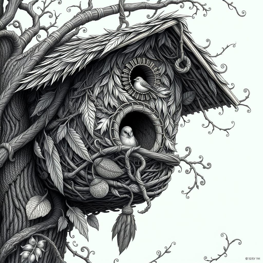 Durer-style illustration print. A giant birdhouse created from vines ...