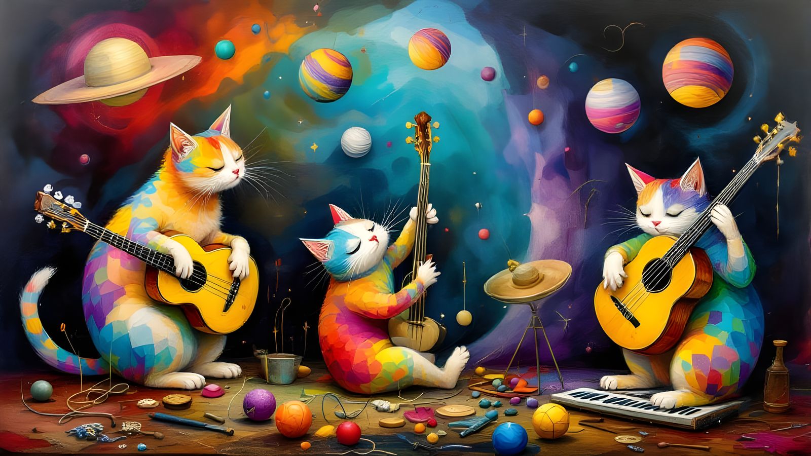 Cats playing instruments - Surreal Whimsical Cats Play Instr...