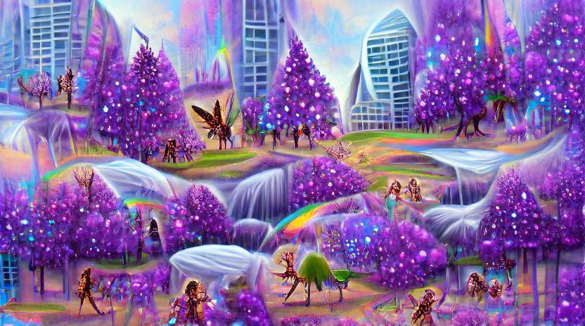 Crystal city, purple , rainbow, fairies, trees, nature, fantasy, Daniel ...