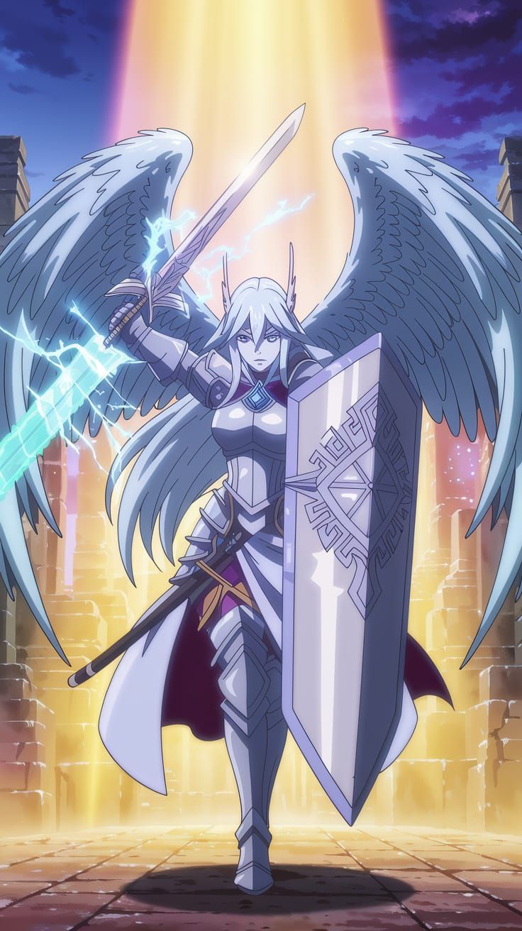 In a radiant beam of warm golden light, an Aasimar female paladin with flowing silver hair and ...