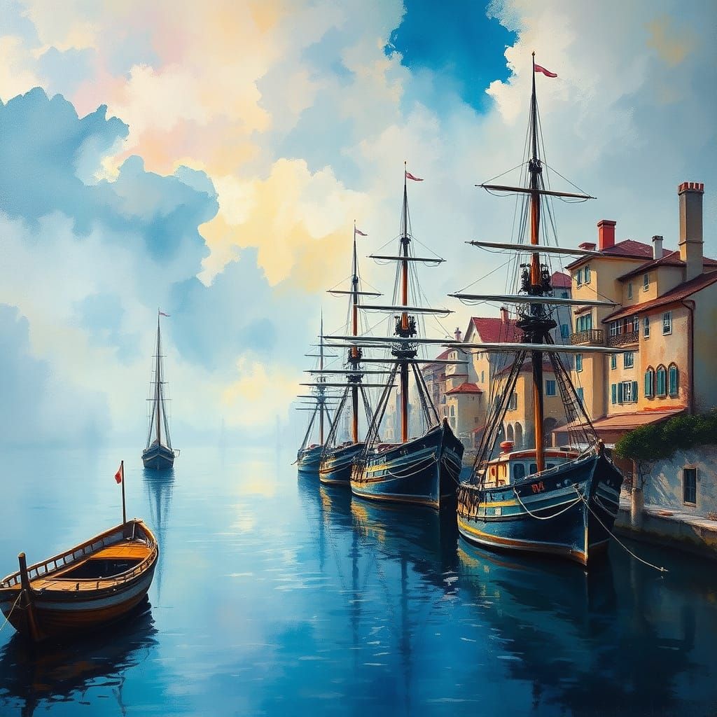 Ethereal Port City with Majestic Cruise Ships in I... - AI Art