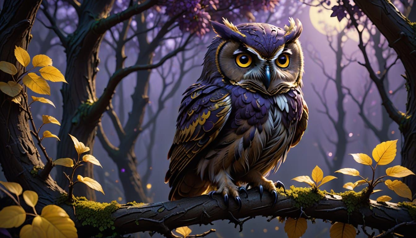 Dark Fantasy Masterpiece: Baby Owl on a Gnarled Li... - AI Art