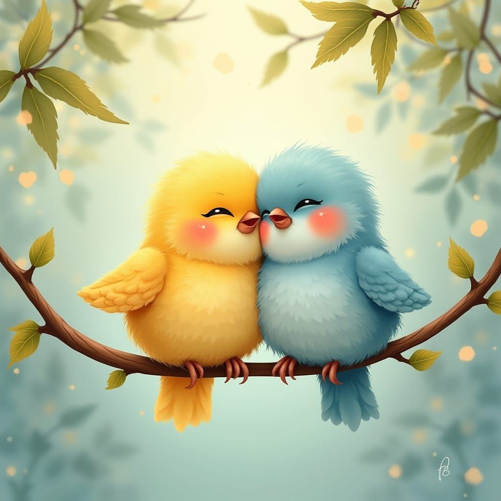 Two fluffy, sweet baby birds cuddling closely on a slender branch