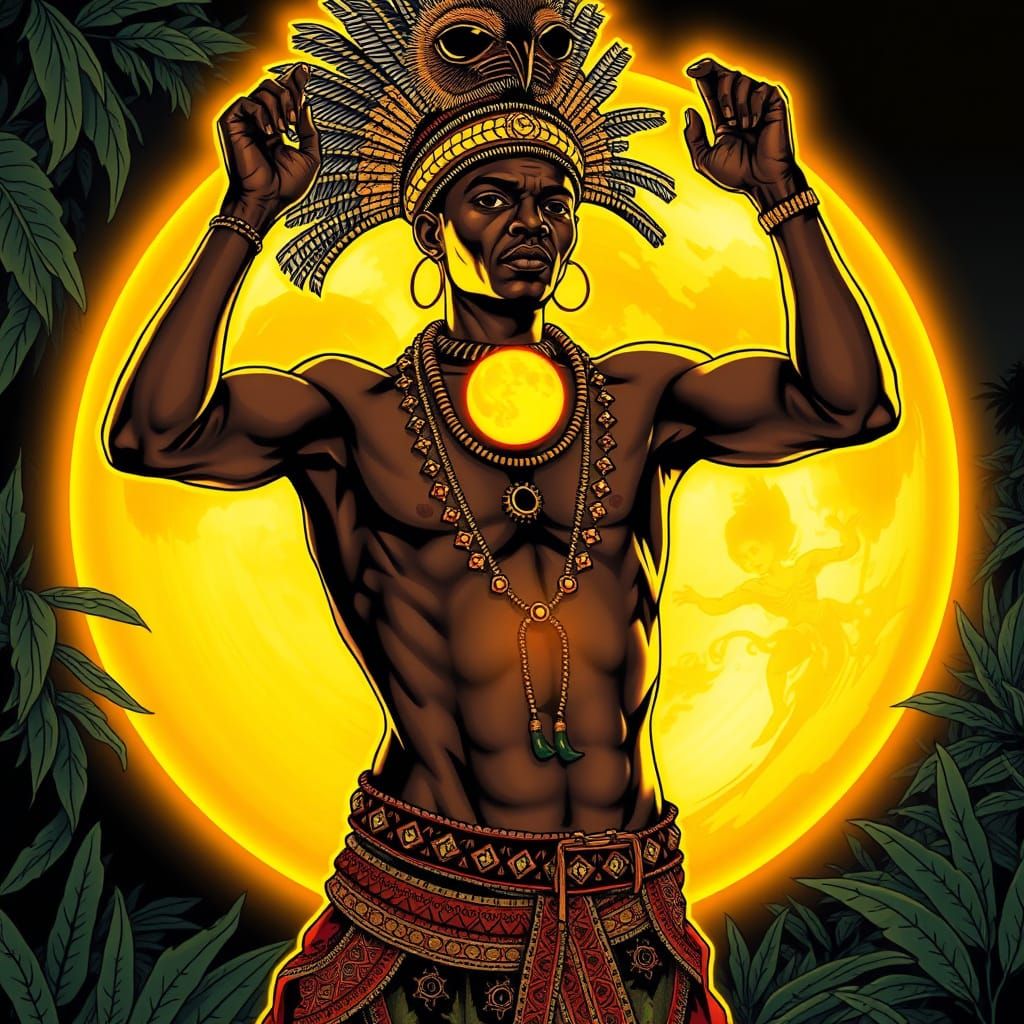 Man wearing African Basotho warrior regalia, with glowing moon ...