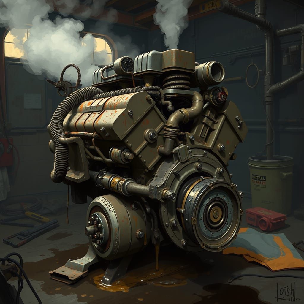 Gritty Industrial Engine in a Greasy Garage - AI Art