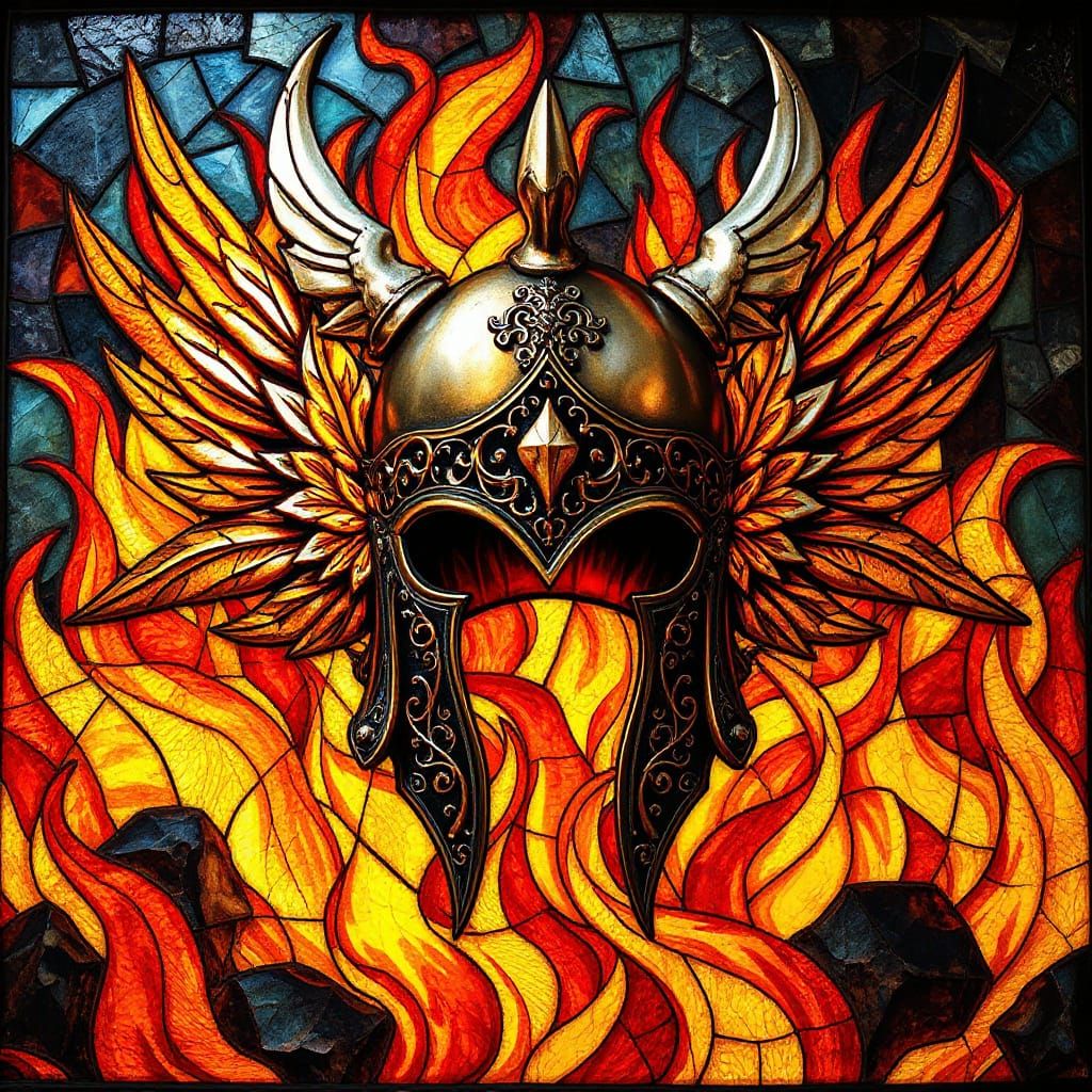 Epic Stained Glass Mosaic of a Winged Helmet in Fl... - AI Art