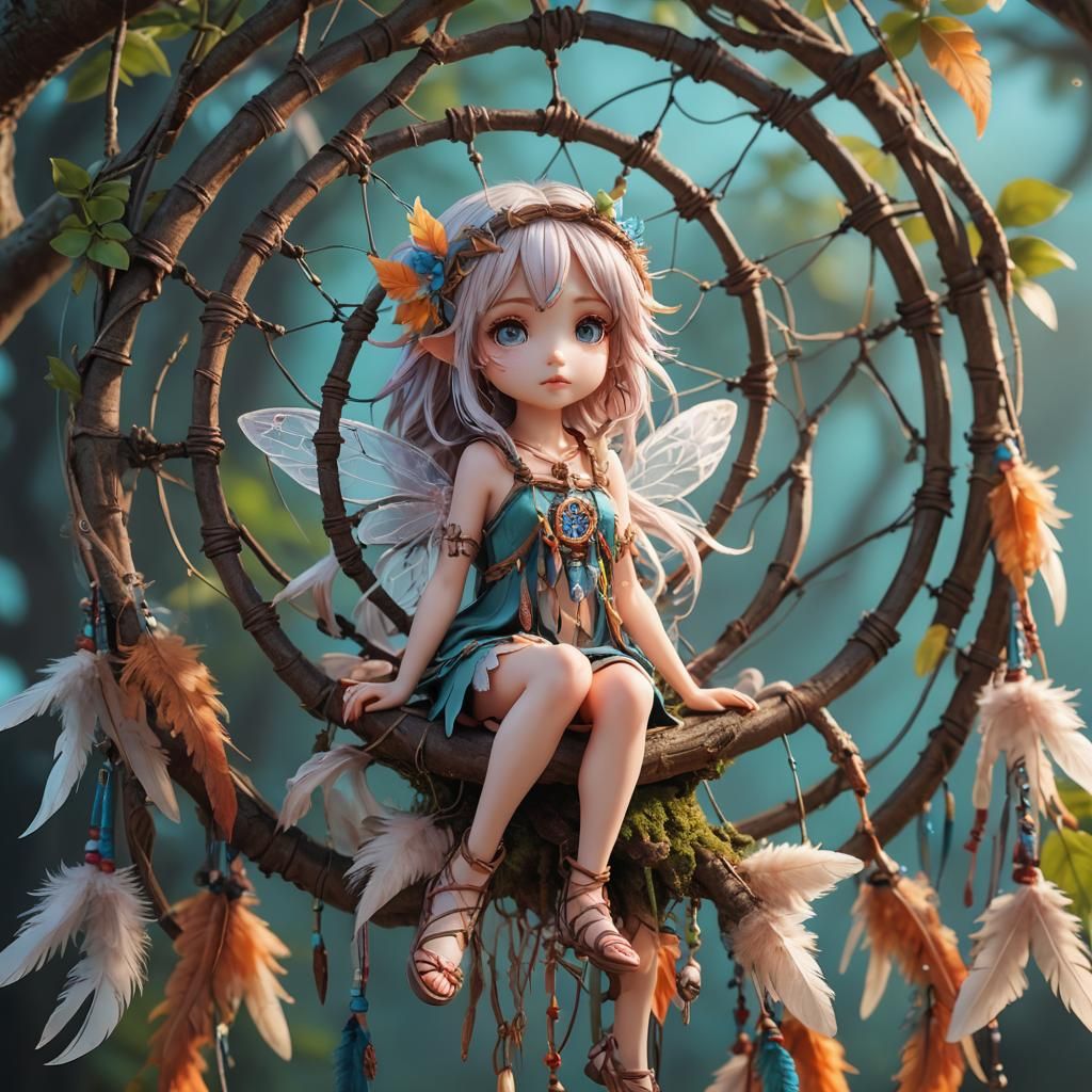 Close up cute tiny fairy creature siting on a tree branch in the middle ...