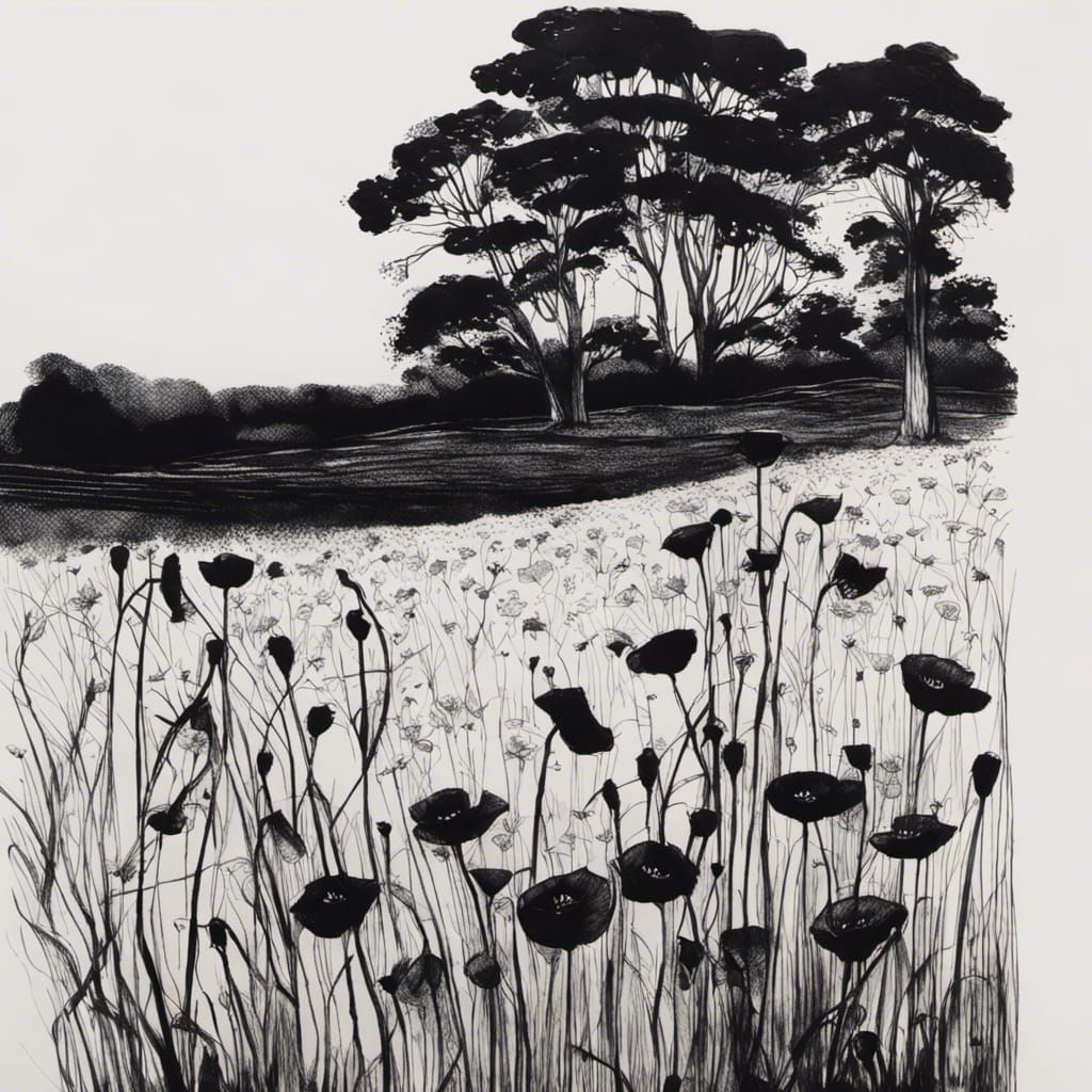 Pen and ink landscape of poppies in a field, dark black ink on ultra ...