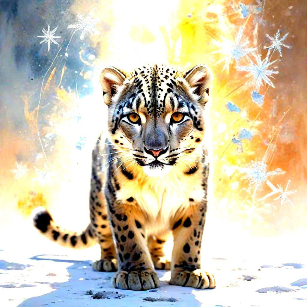 Whimsical Snow Leopard Cub in a Swirling Snowflake... - AI Art