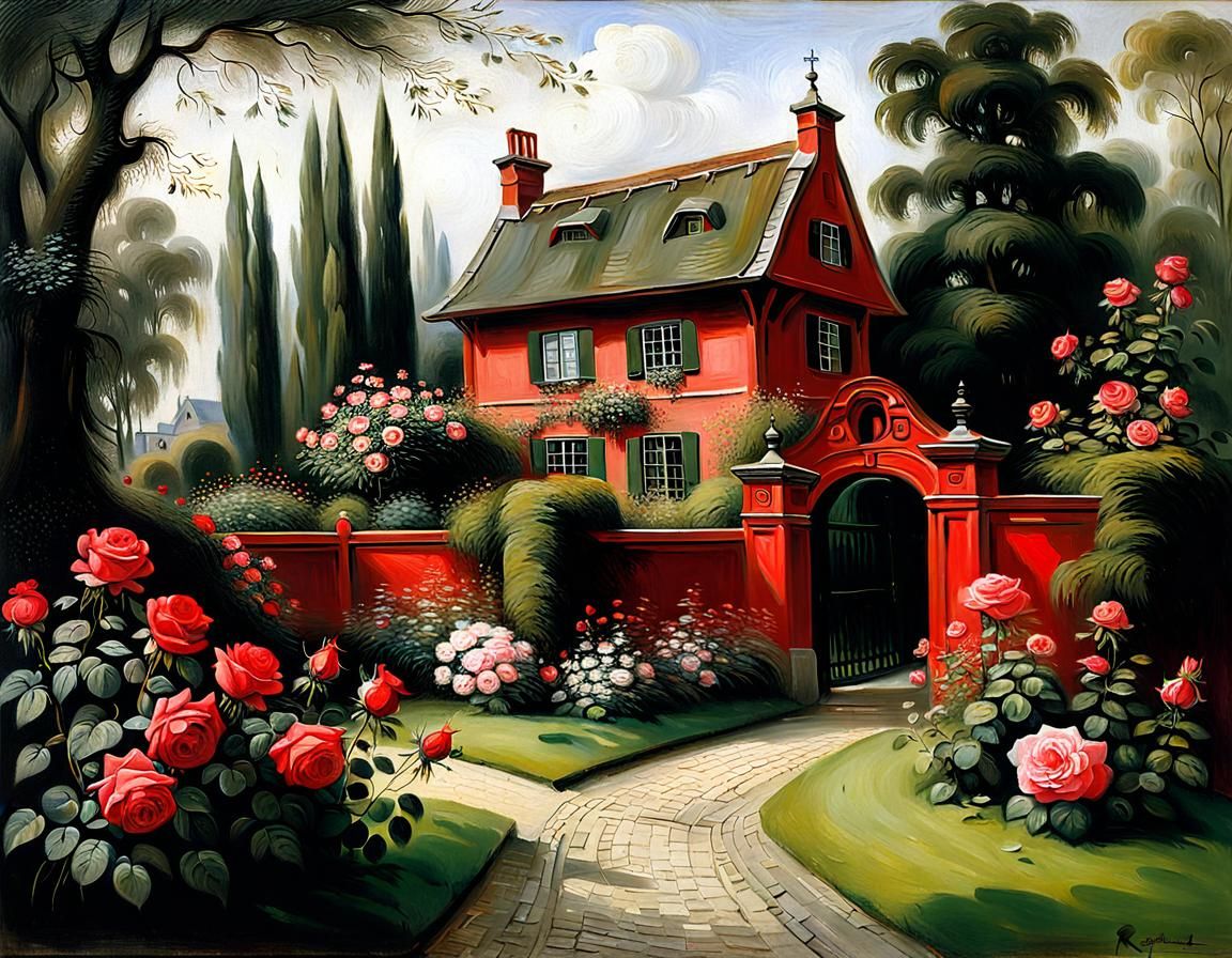 A Cozy Red House Amidst a Vibrant Rose Garden in a... - AI Art