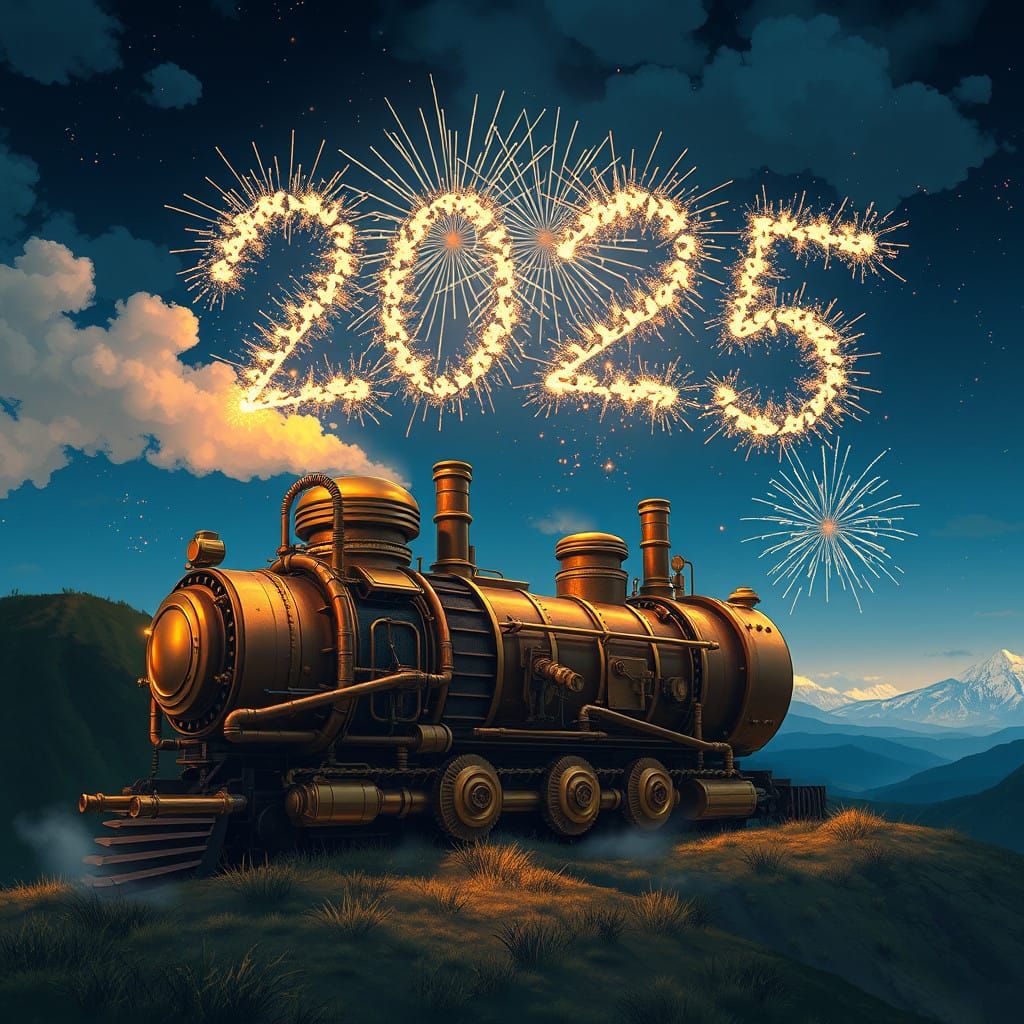 Steampunk Engine Under Fireworks Display in 2025 - AI Art