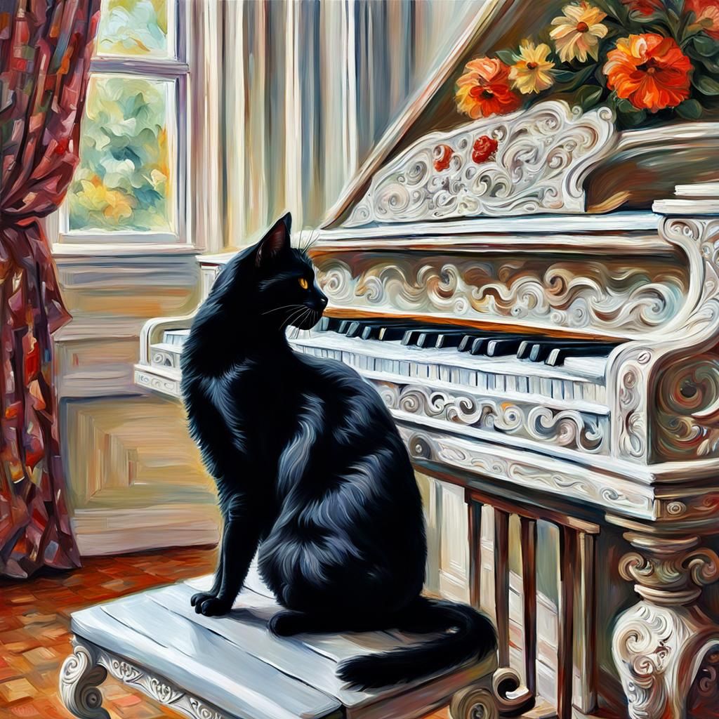 Impasto Painting of a black cat on a white piano, intricate details ...
