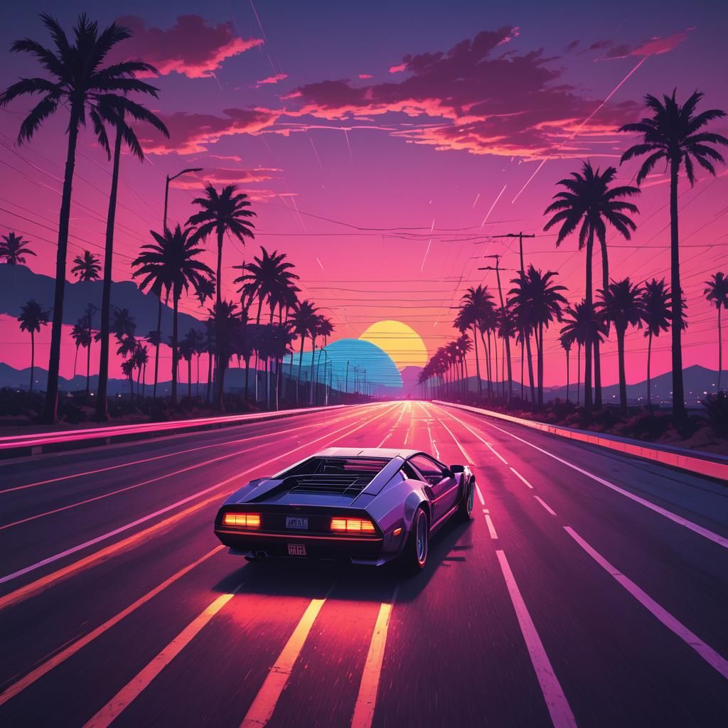80s supercar running in a highway at sunset, neon edges, palm trees ...