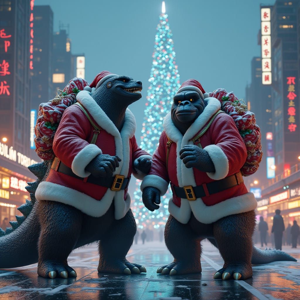 Godzilla & kong santa - Godzilla and Kong as Festive Tokyo G...