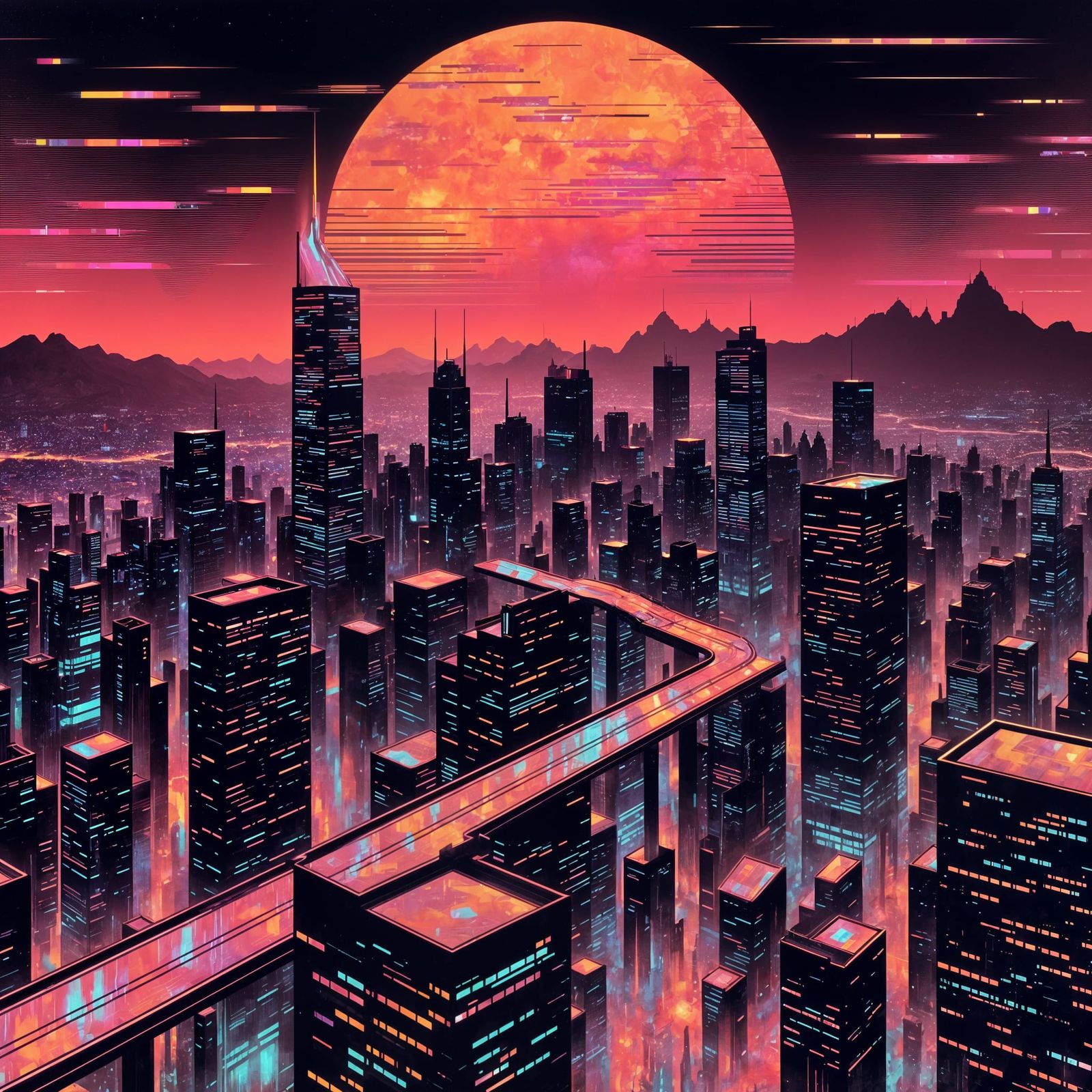 Glitchy sunset - Glitchy Cyberpunk Cityscape at Sunset