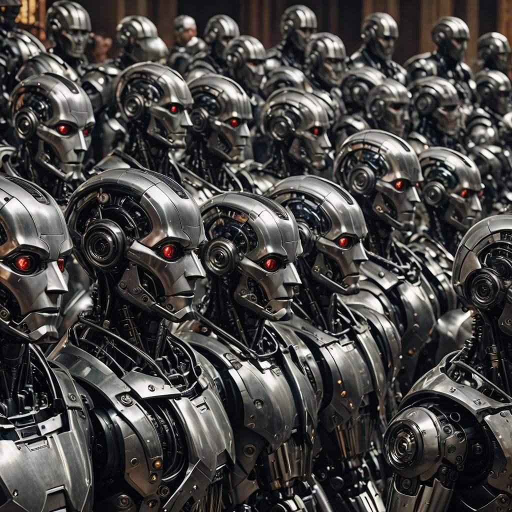 close-up of biopunk man-robots in single file, heads bowed, enter a ...