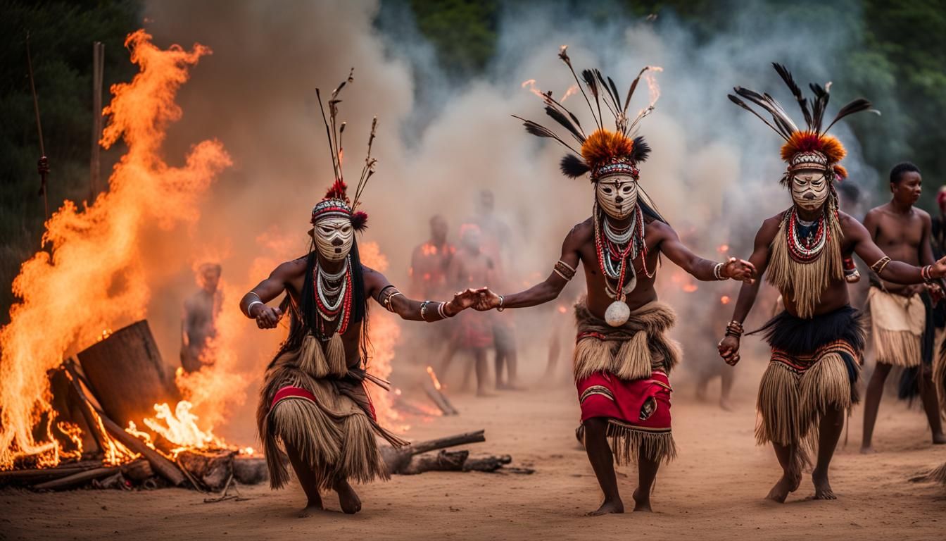 In the middle of a sacred ceremony, members of the tribe dance around a ...