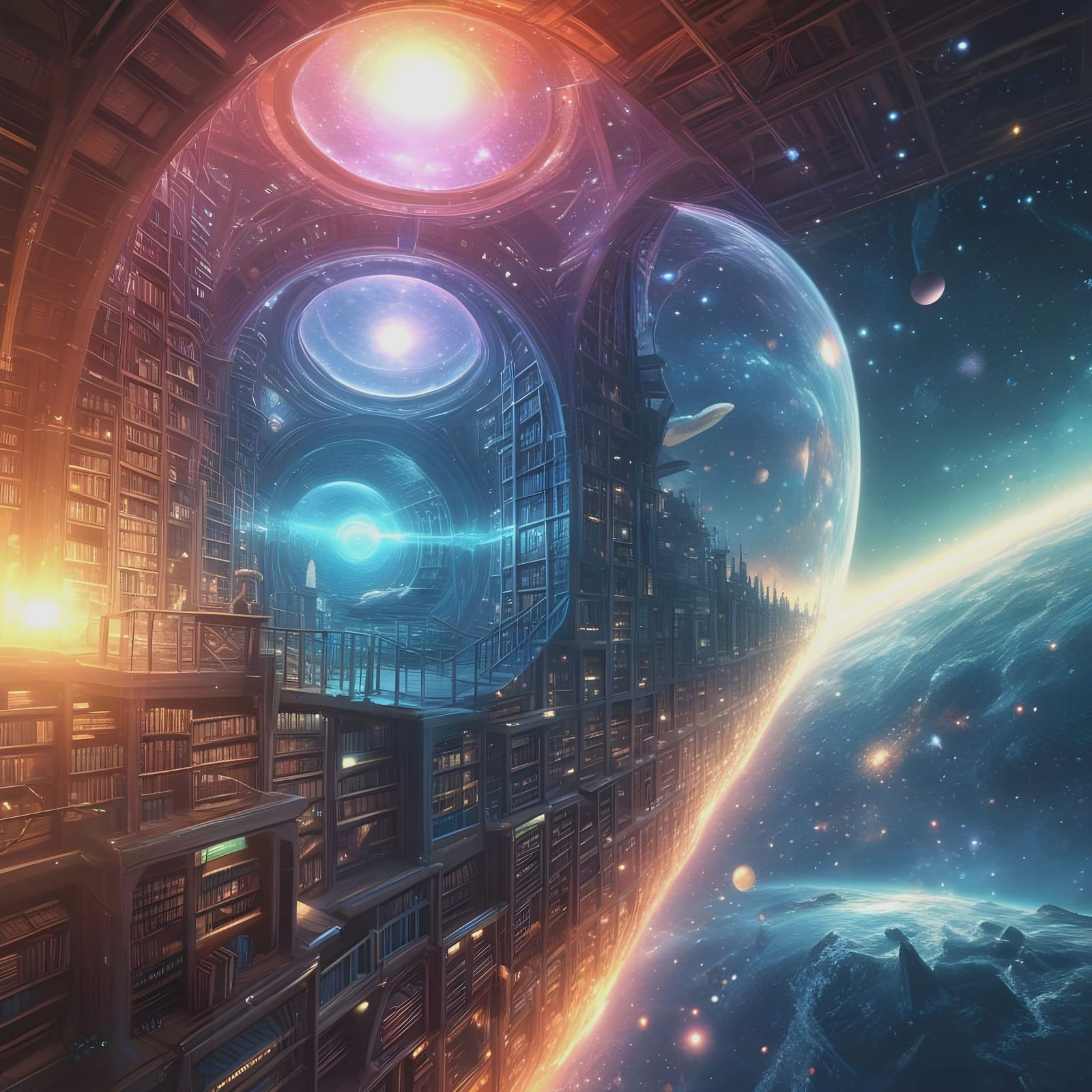 Library in Space - Futuristic Celestial Library with Magical...