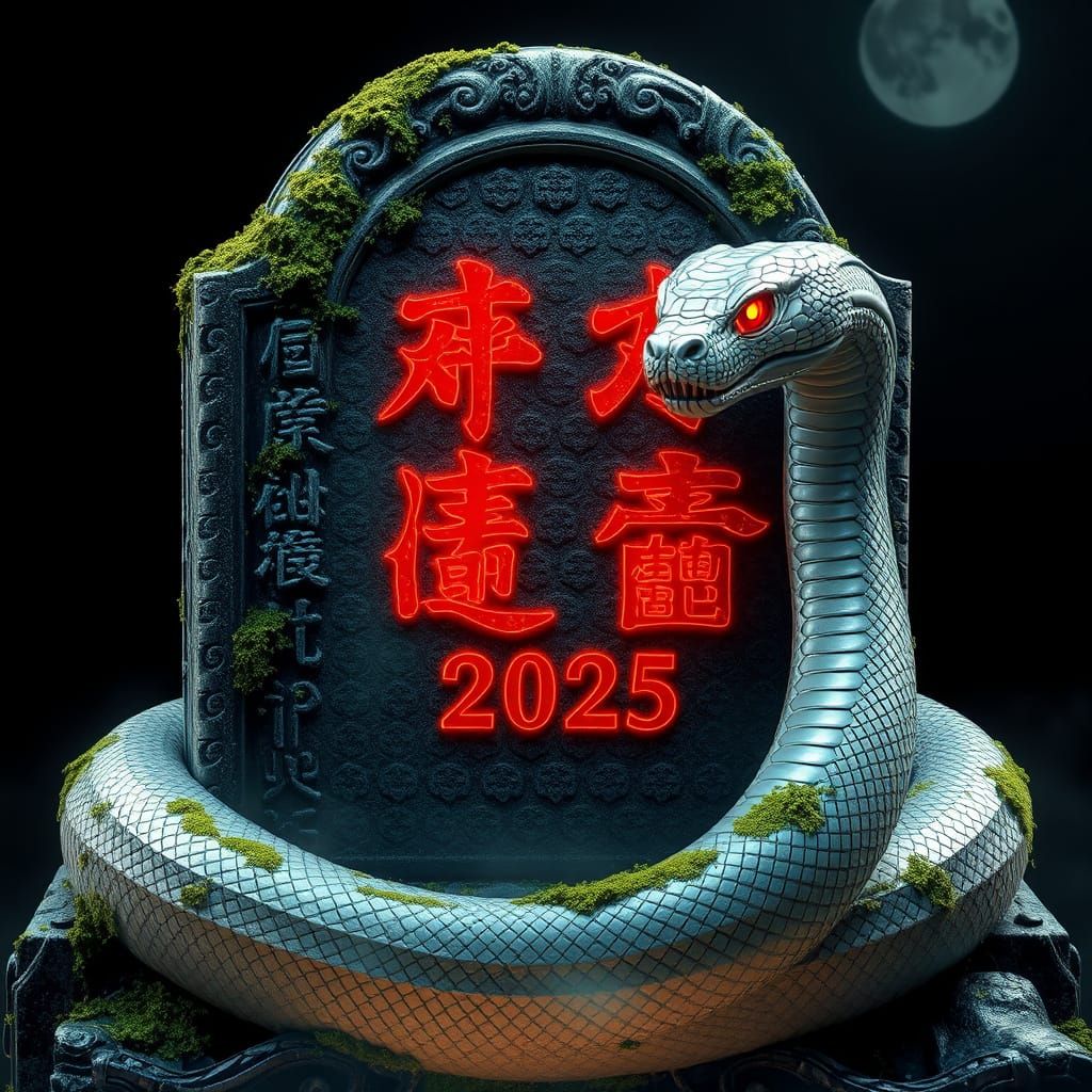 snake wrapped around a tombstone that is SUPPOSED to say "蛇年2025“