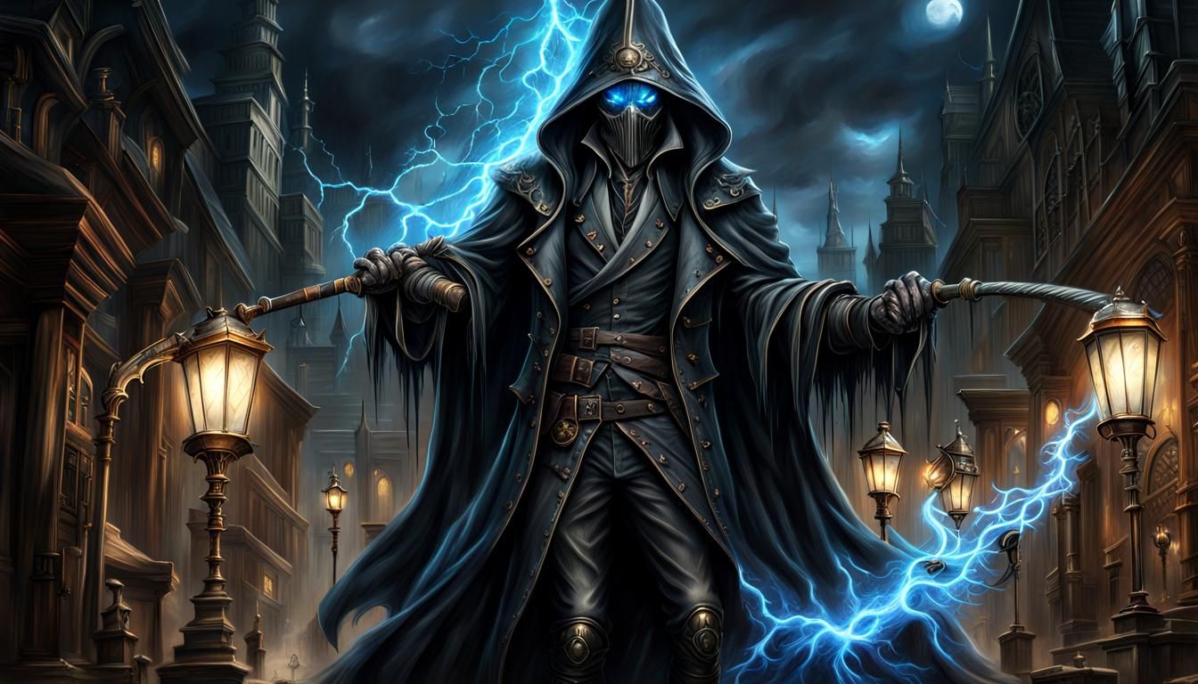 Evil Bloodborne Grim Reaper with lightning blue eyes. Attacking ...