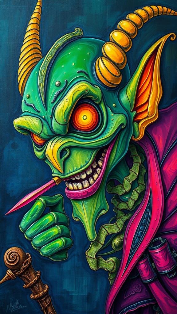 Goblin Rogue Sneaky Tim Burton green and magenta orange and teal yellow ...