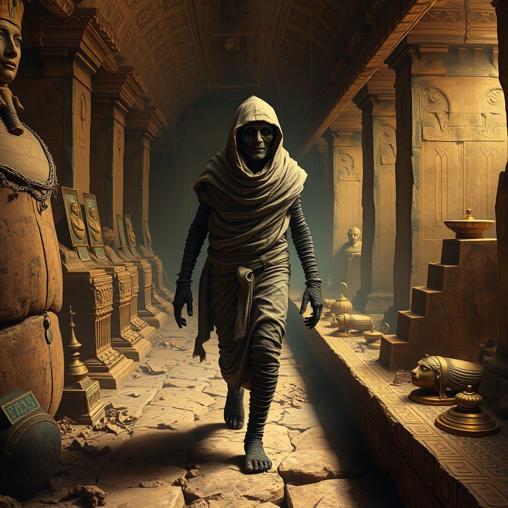 A poorly wrapped mummy striding through an ancient crypt past mountains ...