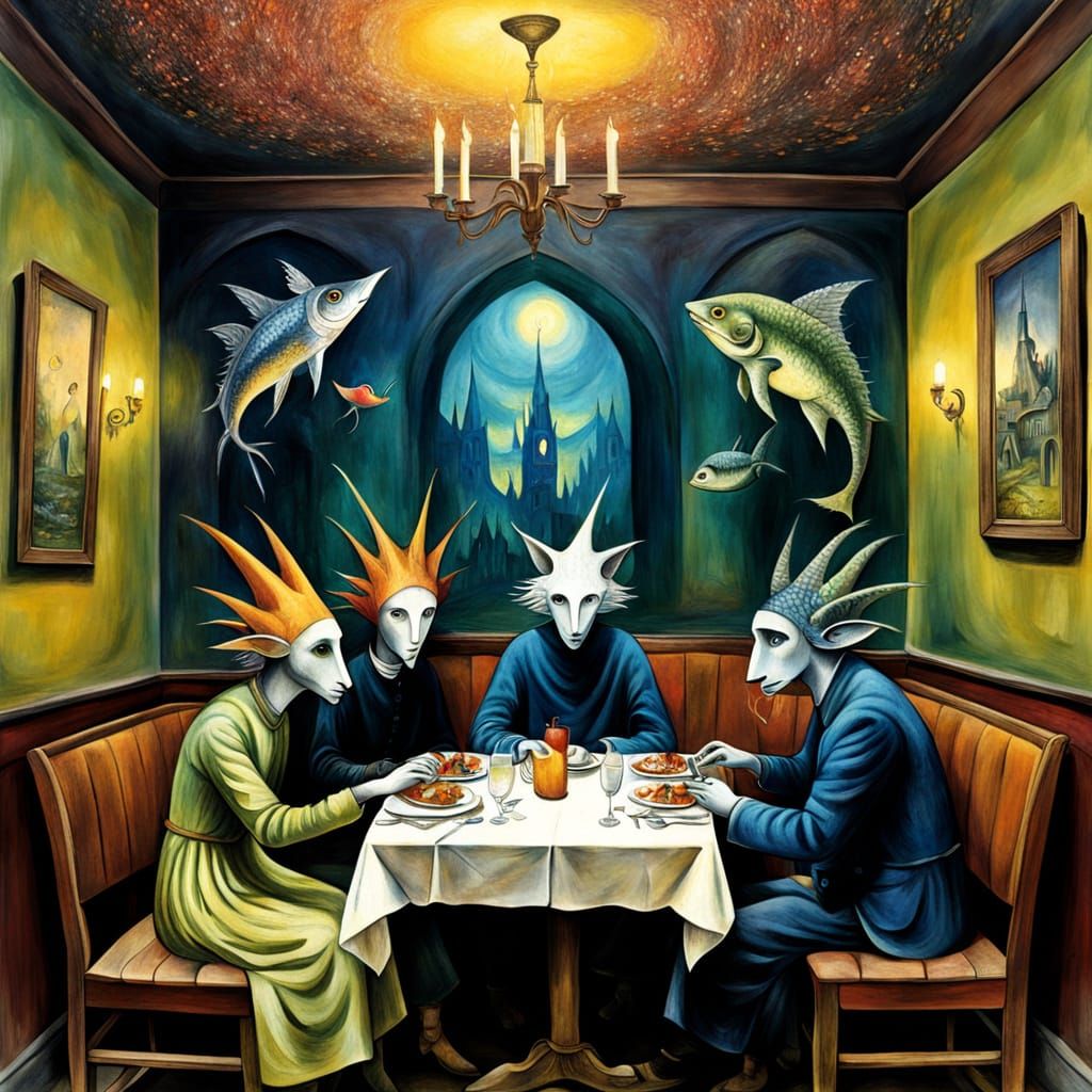 friends talking in the restaurant in the style of Remedios Varo and ...
