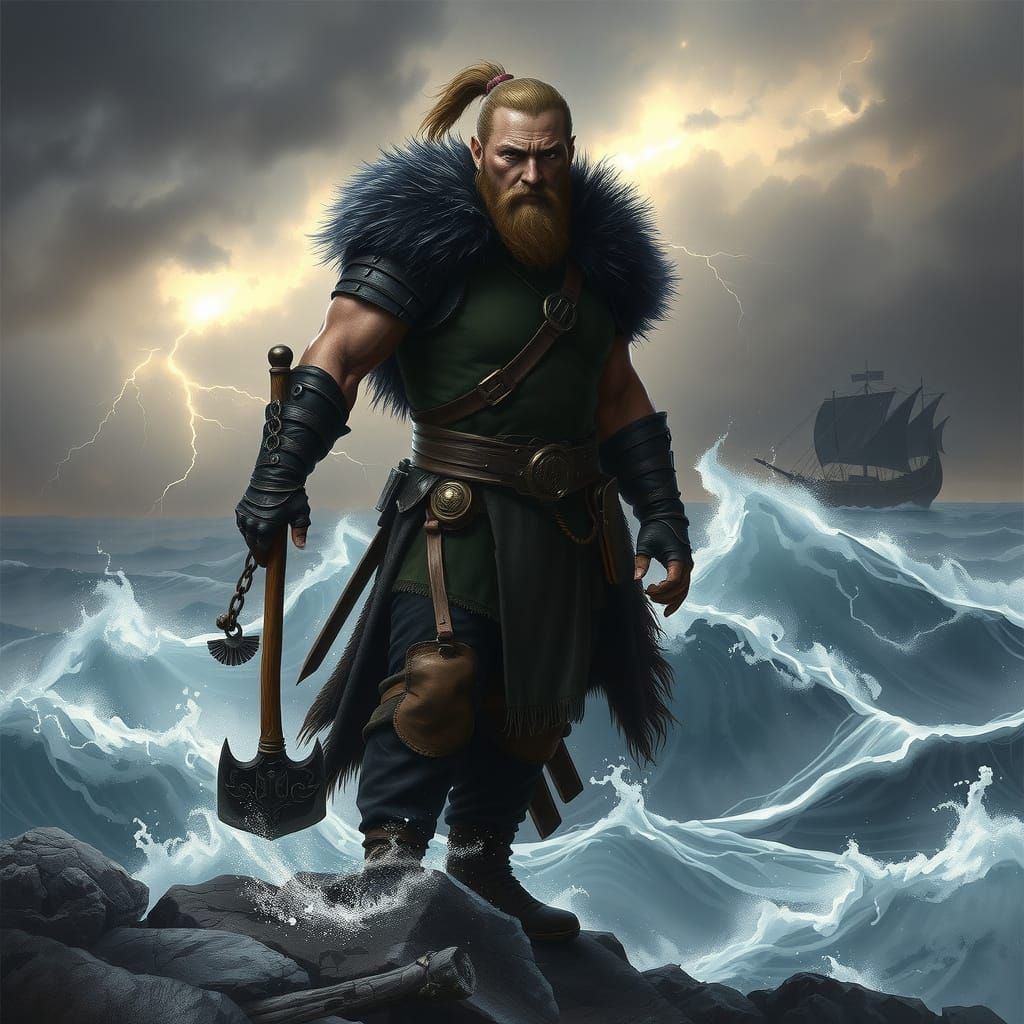 A Viking warrior standing in a battle-ready stance, axe held at his ...