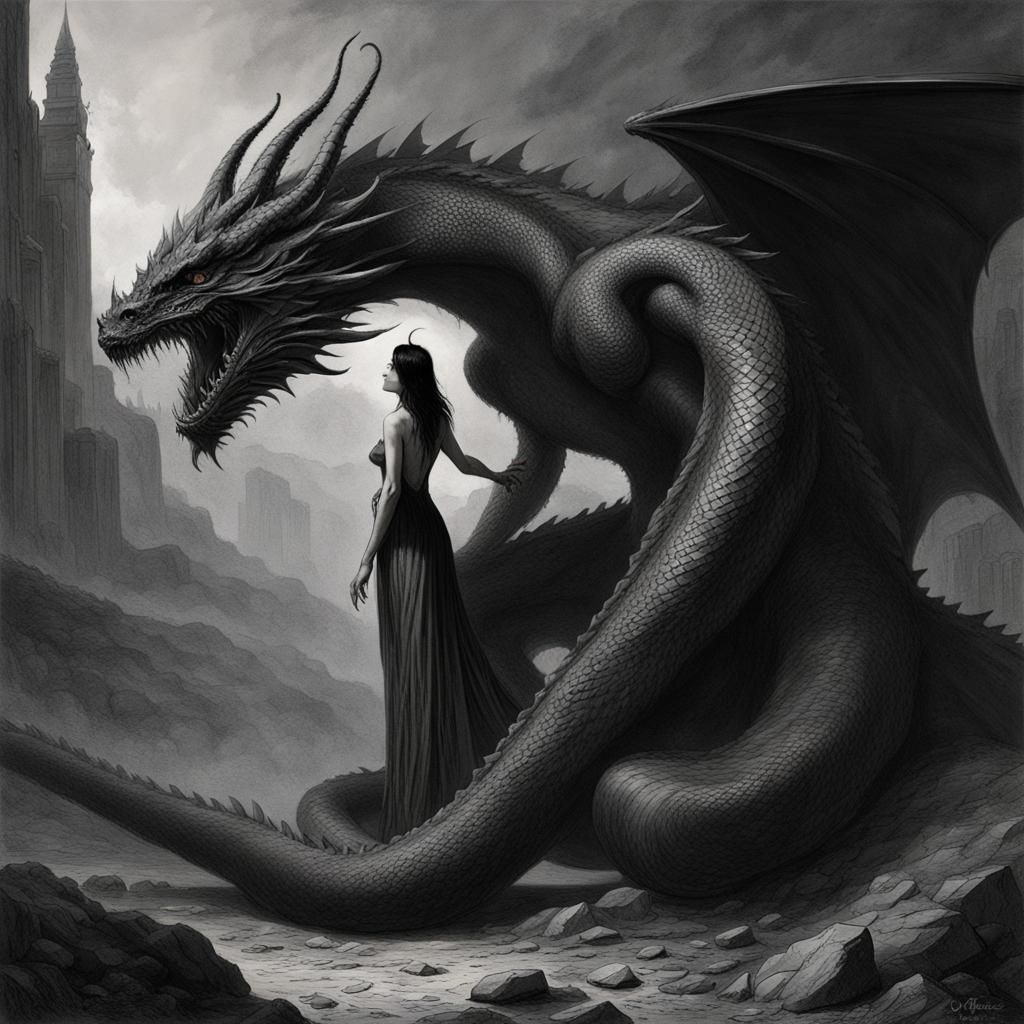 dragon human female creature with black hair in mid-transformation from ...