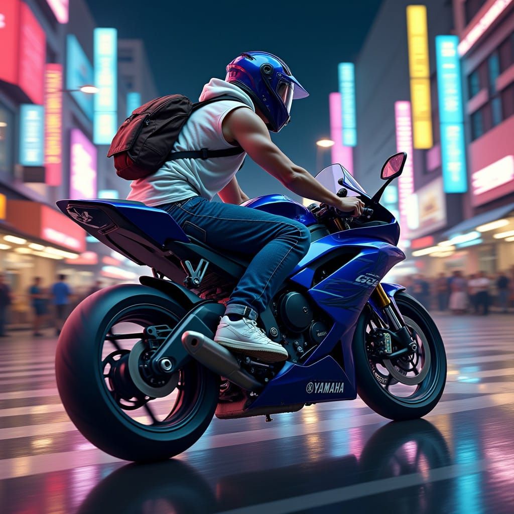 A Guy Riding his Cobalt Blue Yamaha YZF-R1 through the City at Night