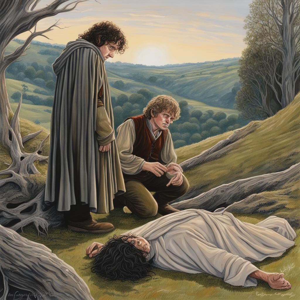 On a beautiful day in the Shire Frodo Baggins and Sam Gamgee look down ...