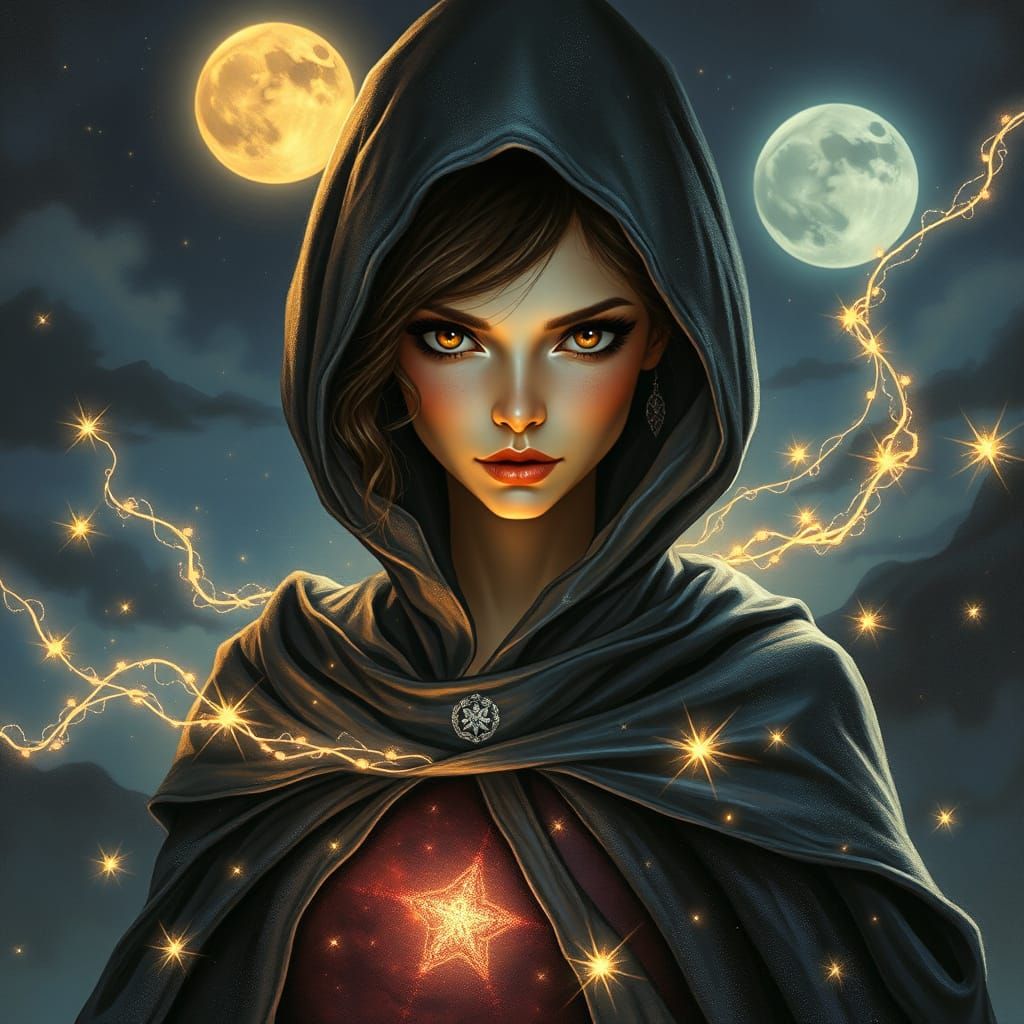 Enchanting Woman in Starry Mantle with Radiant Aur... - AI Art