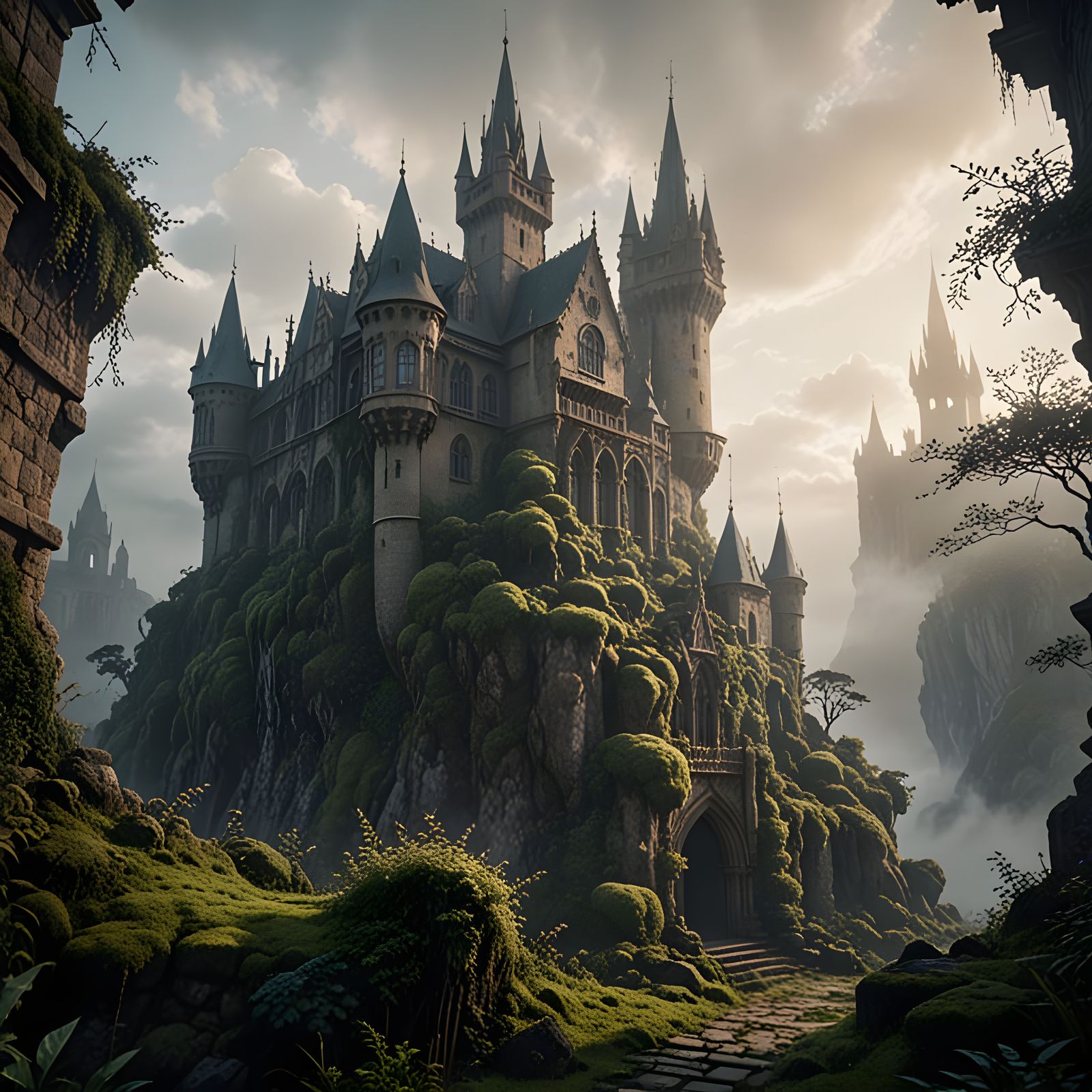 A mystical medieval castle hidden in the fog, towering gothic spires ...