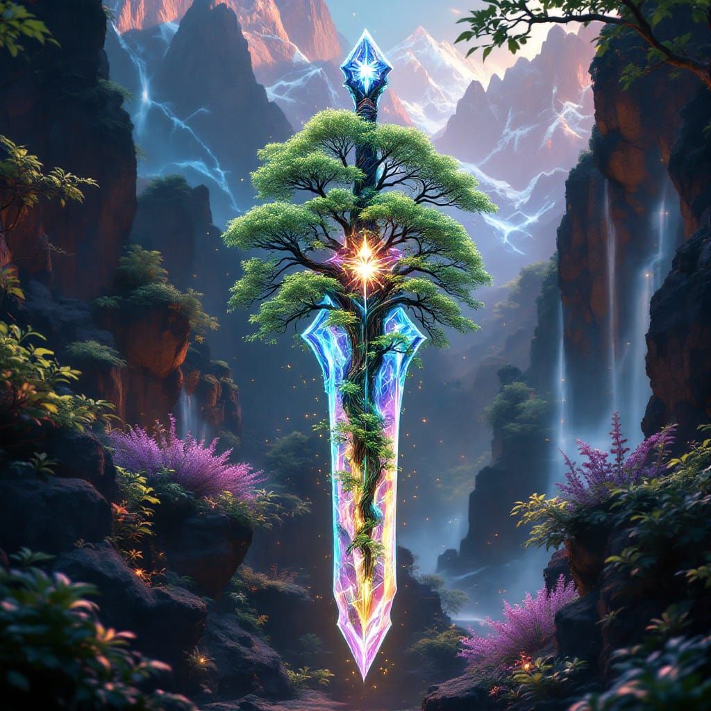 Ethereal Sword of Elemental Earth in Lush Forest - AI Art