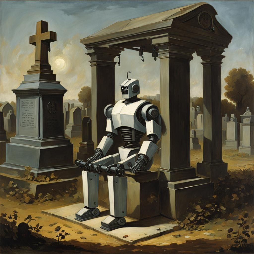 A Robot doing a benchpress in a graveyard, painted by Franscisco ...