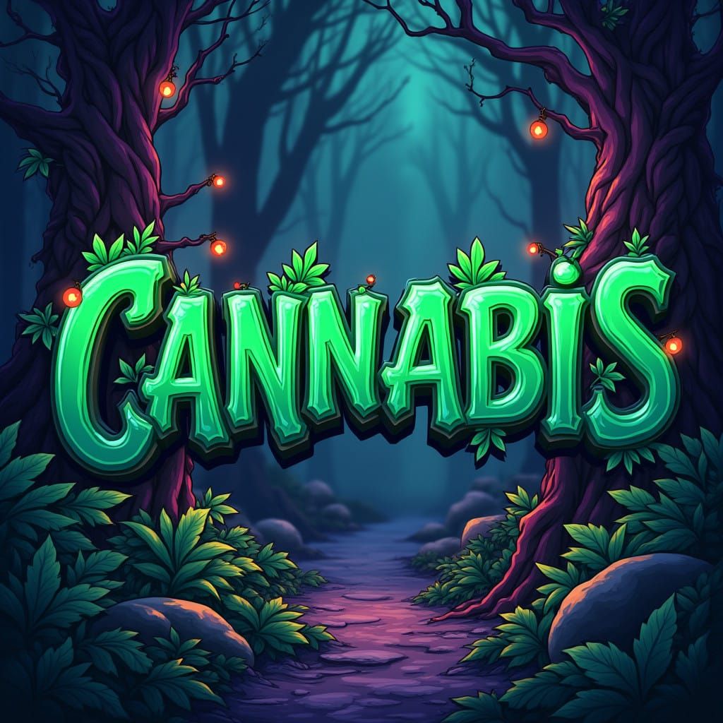 Mystical Cannabis Fantasy in Bold Cursive Letters - AI Art