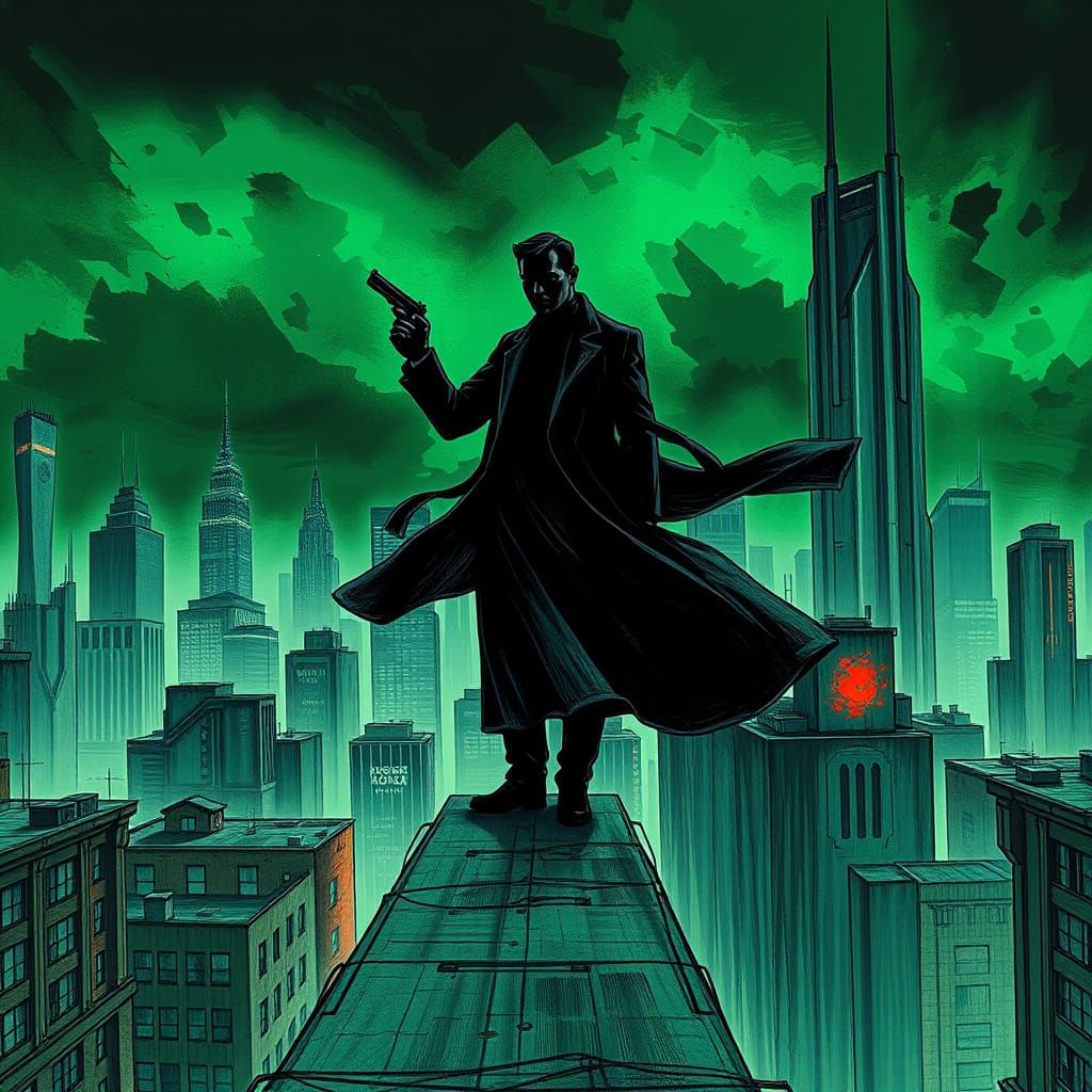 An armed mysterious stranger standing atop of an apartment building.