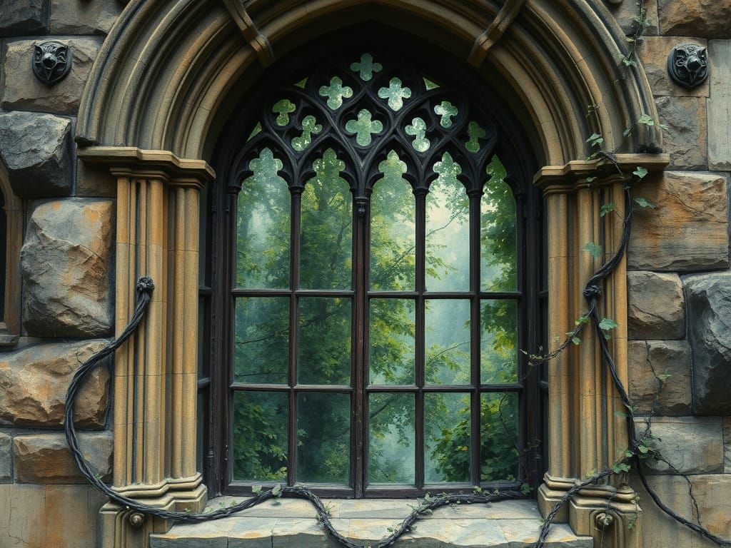 Dreamlike Gothic Window Scene in Watercolor Style - AI Art