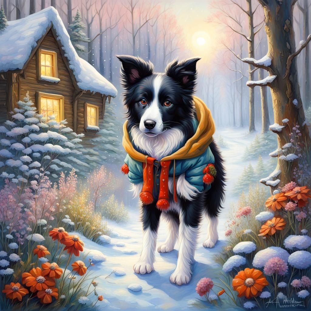 Border Collie winter wonderland with fairy tale cottage - AI Generated ...
