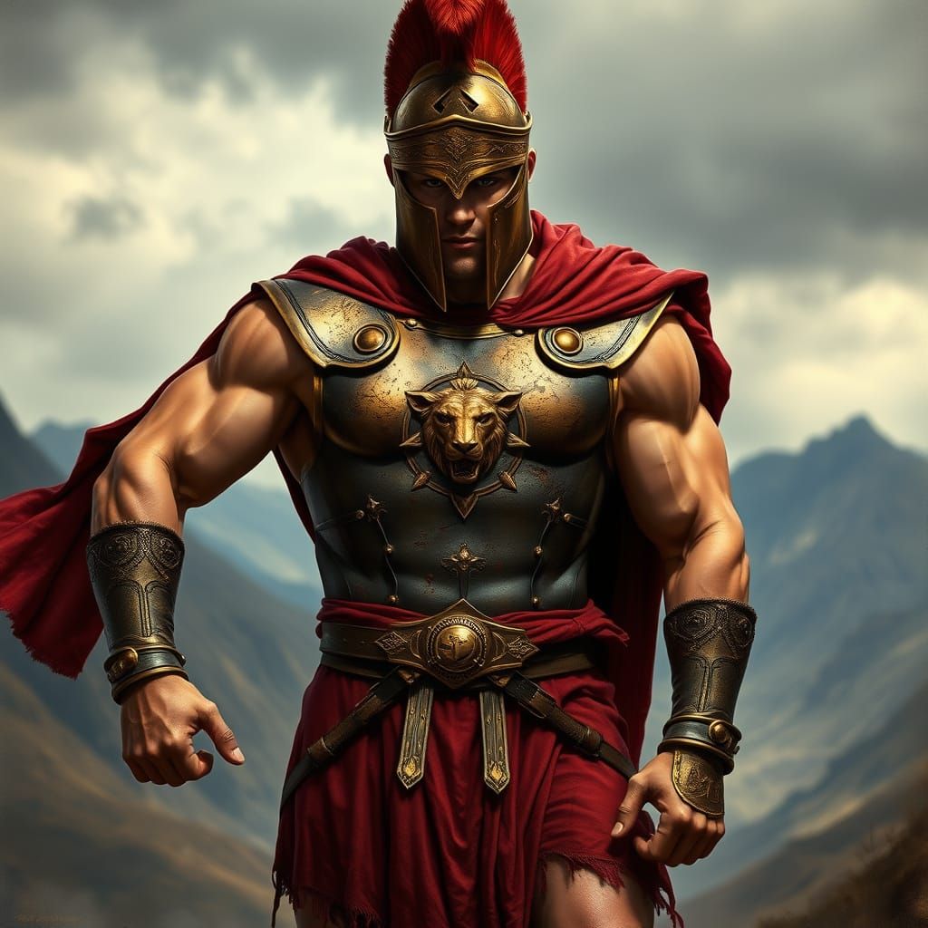 A muscular warrior stands in a powerful pose, clad in ancient armor reminiscent of a Spartan or ...