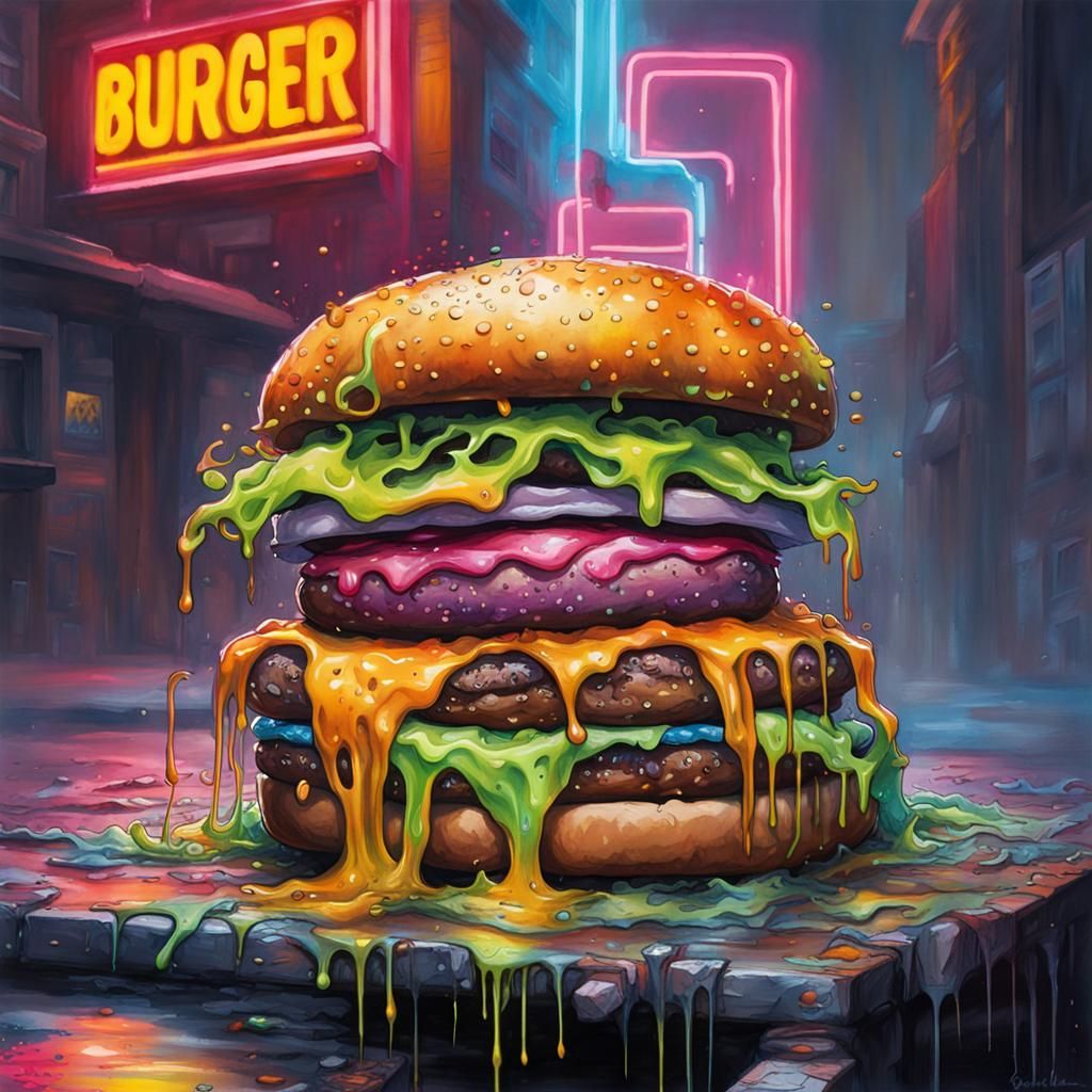 Sewerpunk burger, extra large, neon glow, watercolor, artstation trend ...