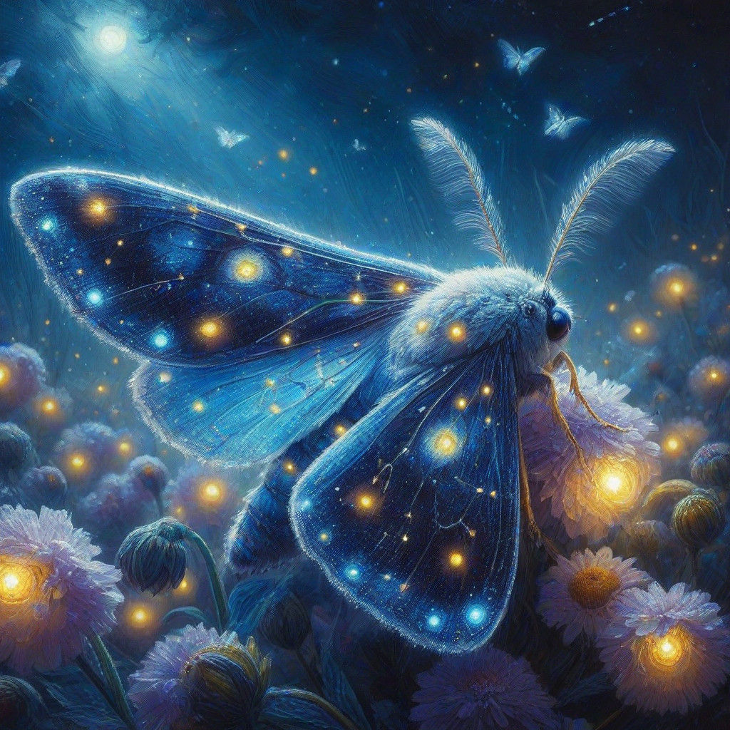 Beautiful moth - Glowing Moth amidst Dewy Blooms in Whimsica...